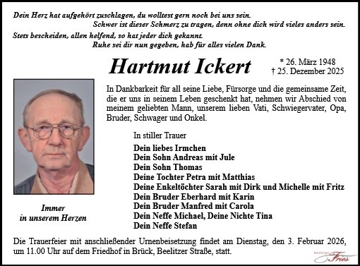 Anzeige für Hartmut Ickert